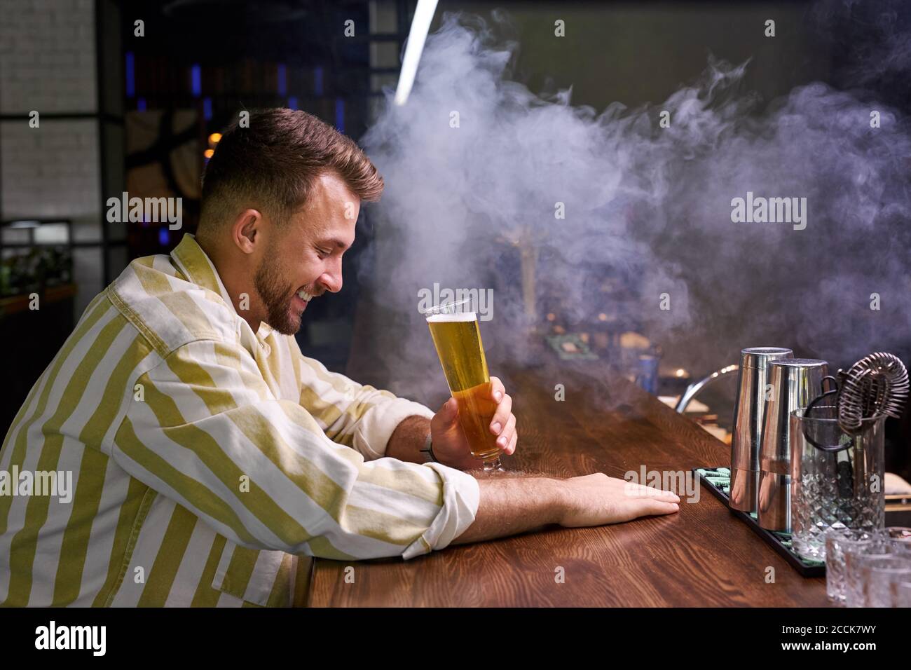 happy young male enjoy drinking beer in the bar alone, sits smiling ...
