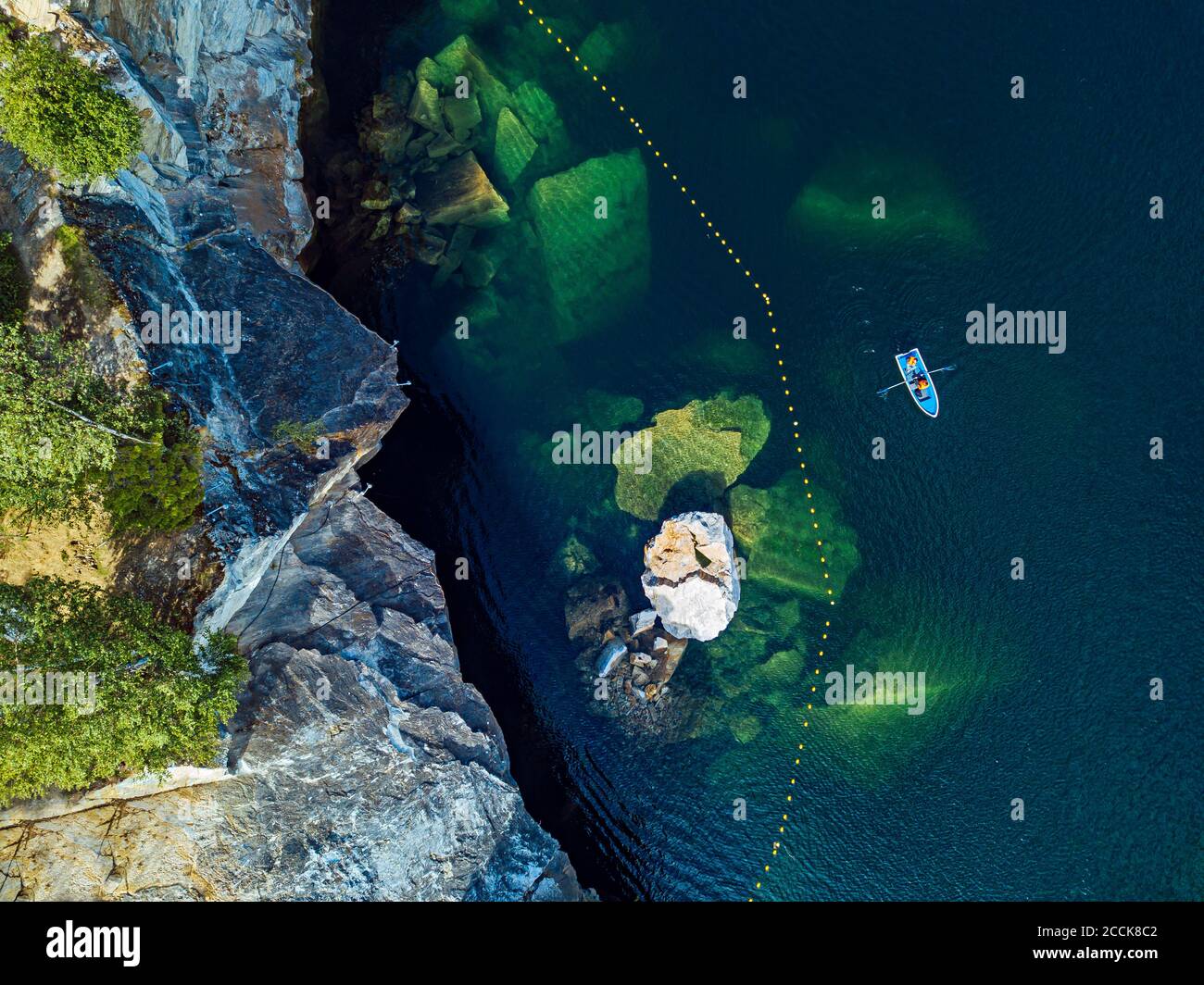 Russia, Republic of Karelia, Ruskeala, Aerial view of boat in front of ...