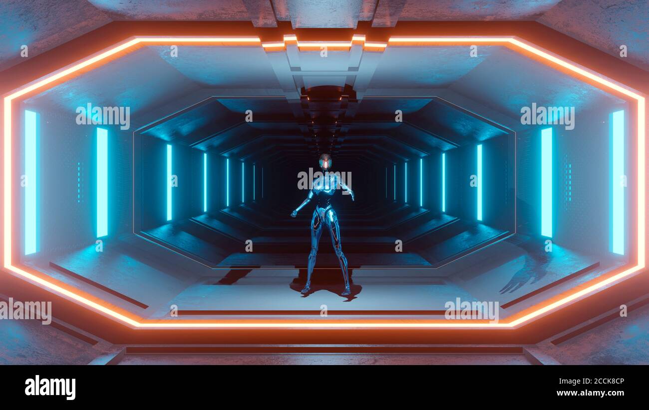 Three dimensional render of cyborg standing in middle of futuristic ...