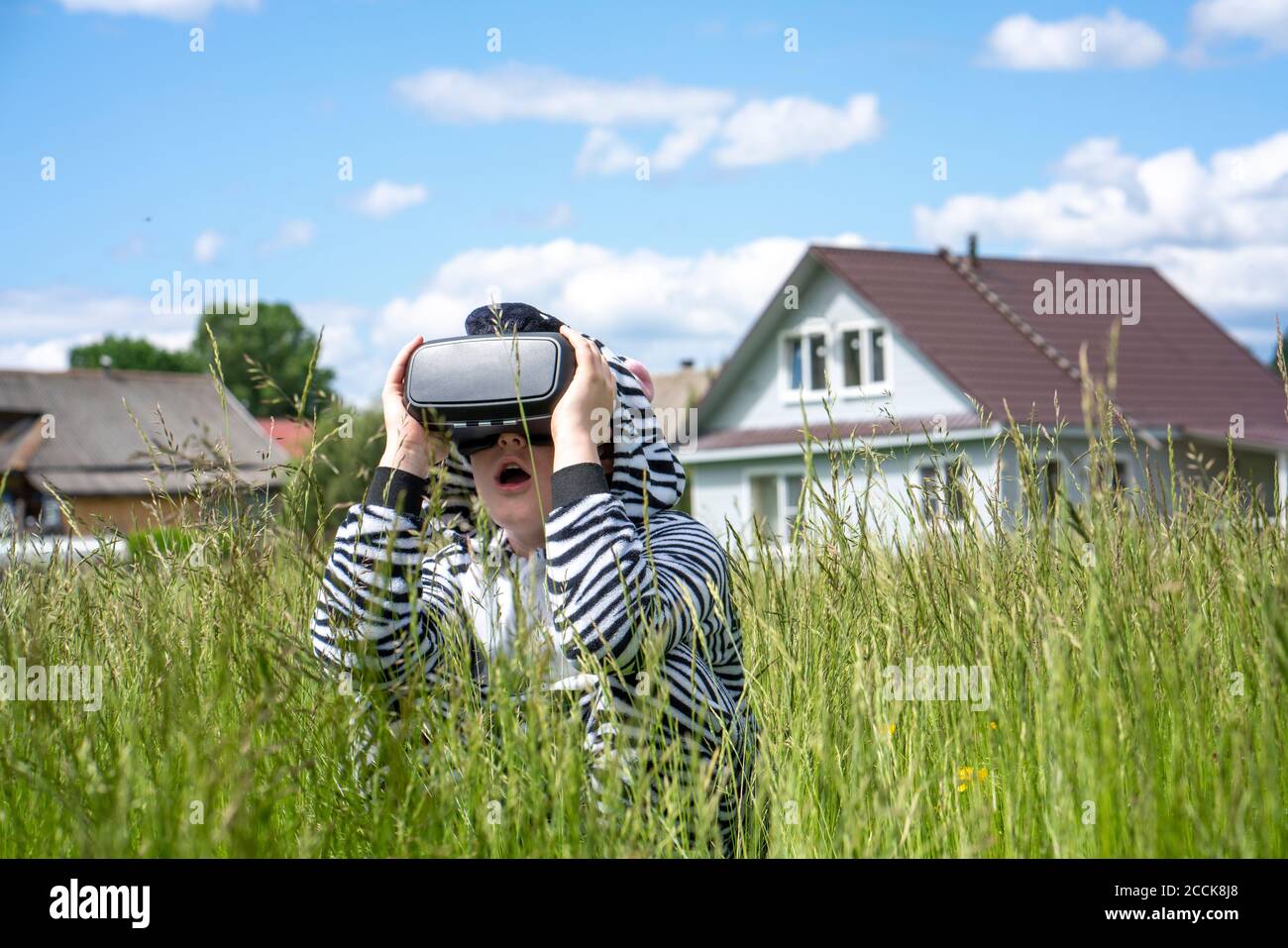 Boy wearing zebra costume using VR simulator amidst grass in city Stock ...