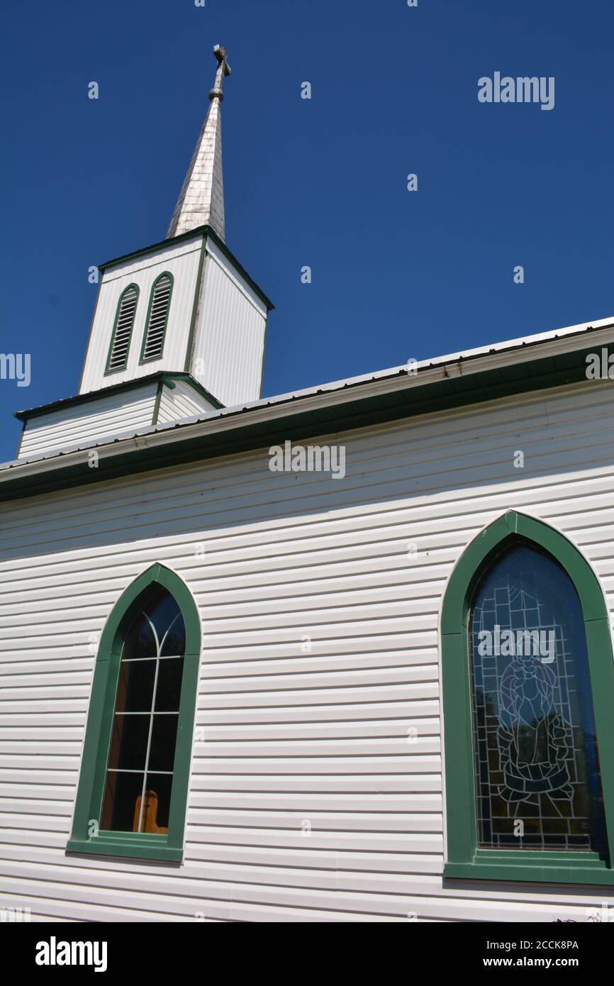 Old, white, historic wooden church at Manitouwaning, Manitoulin Island ...