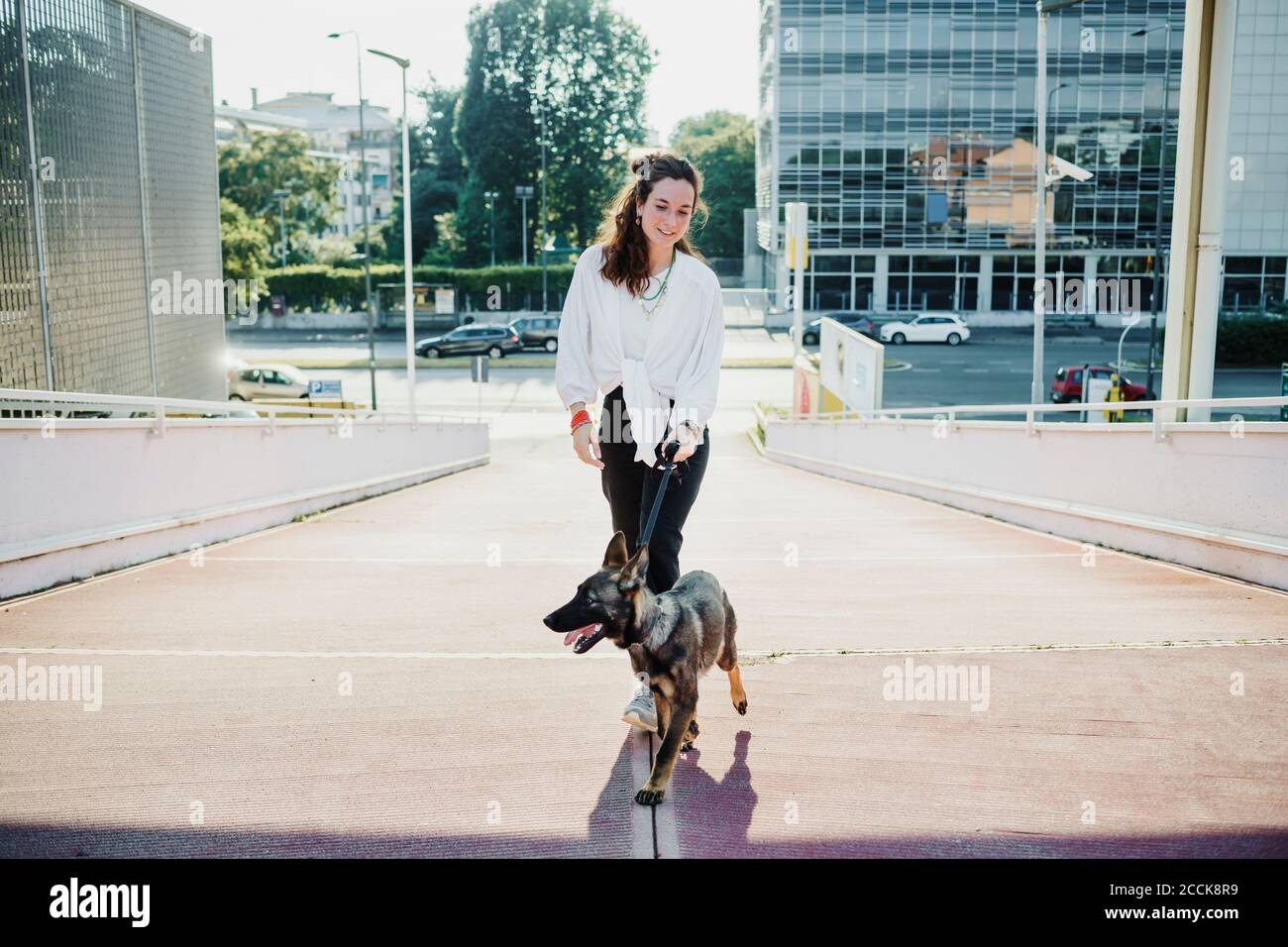 Beautiful woman walking with dog on elevated walkway Stock Photo - Alamy
