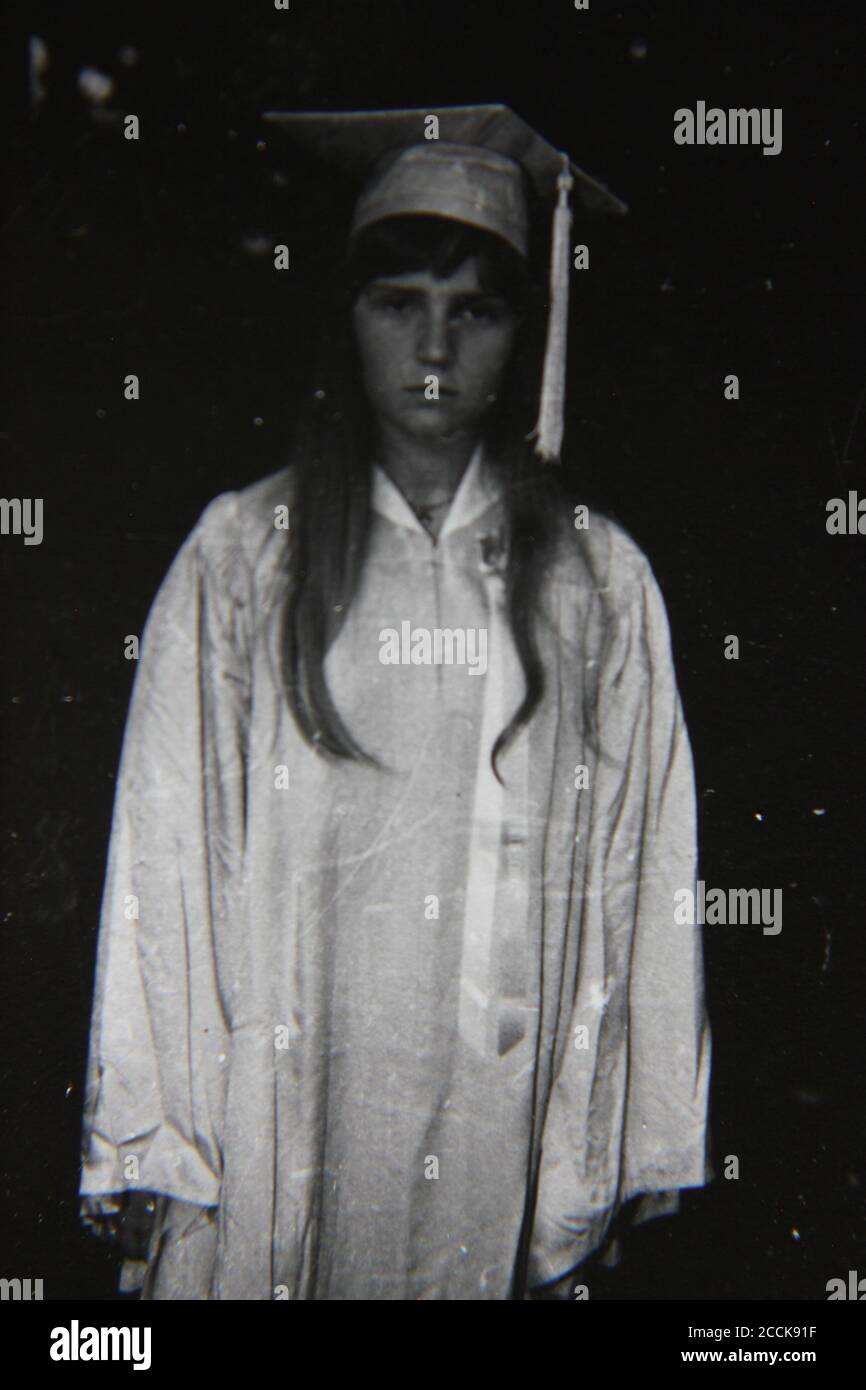 Fine 1970s vintage black and white photography of a graduation photo of ...