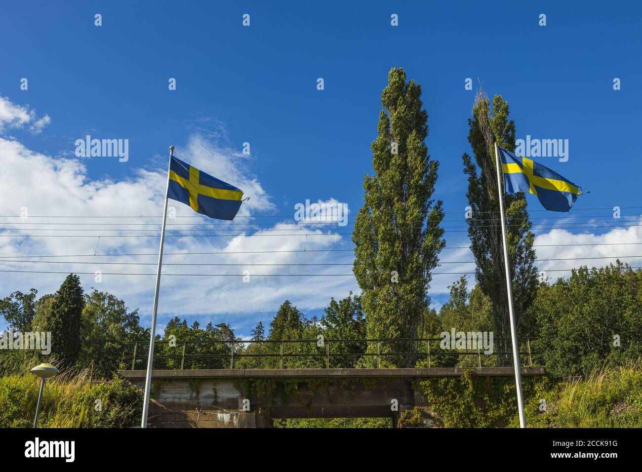Beautiful nature landscape view. Swedish flags waving in the wind green ...