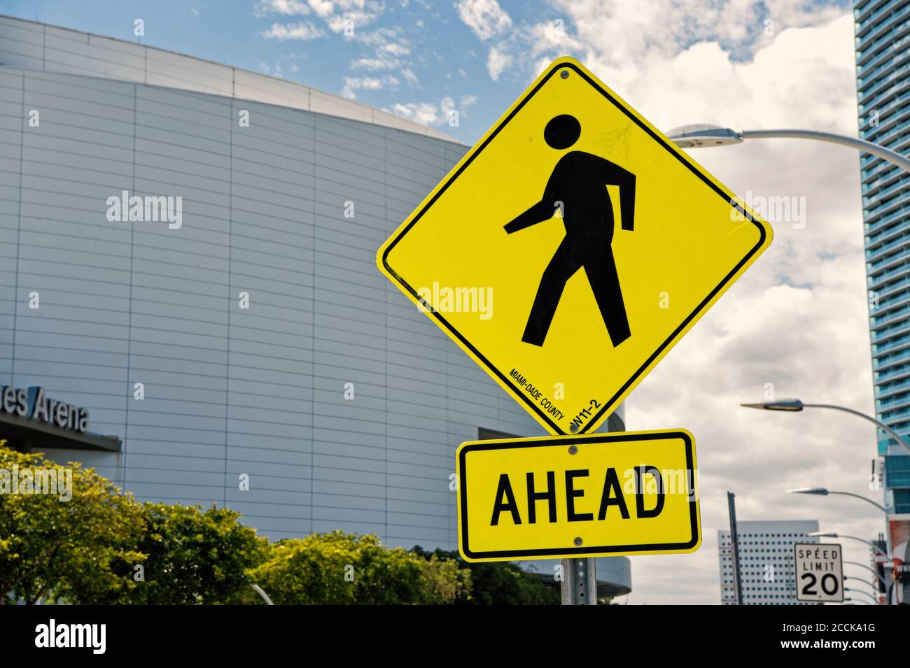 Miami, USA - February 29, 2016: traffic sign urban background. Yellow ...