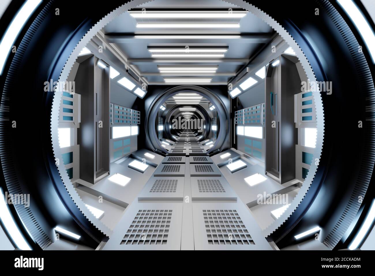 Three dimensional render of futuristic corridor inside spaceship or ...