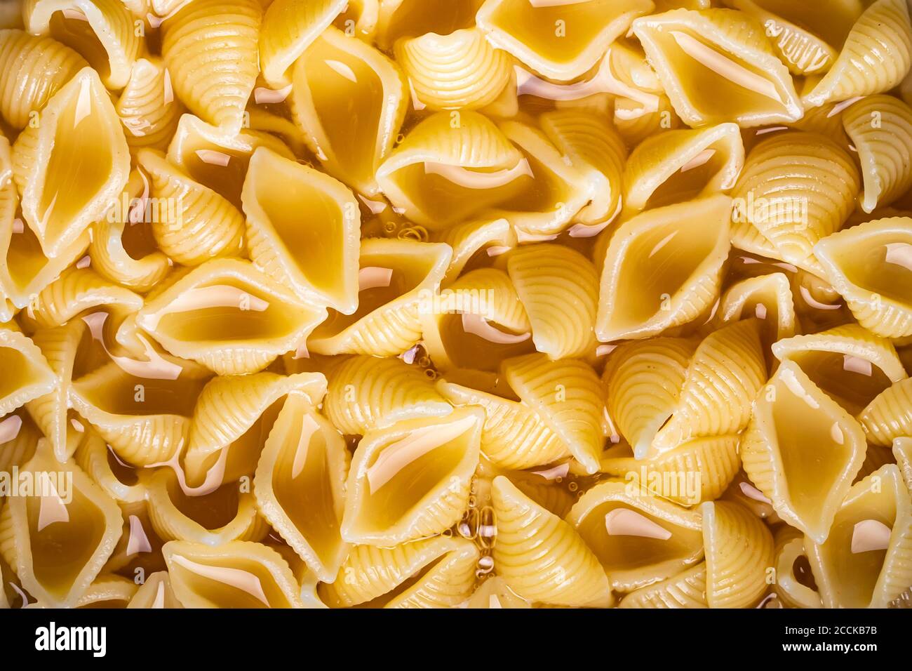 Italian pasta conchiglie cooked in a pan abstract backdrop. Traditional ...