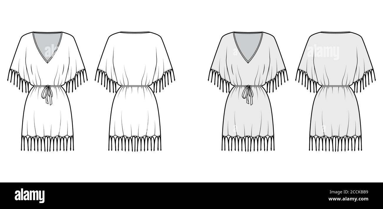 Fringed kaftan dress technical fashion illustration with deep V-neck ...