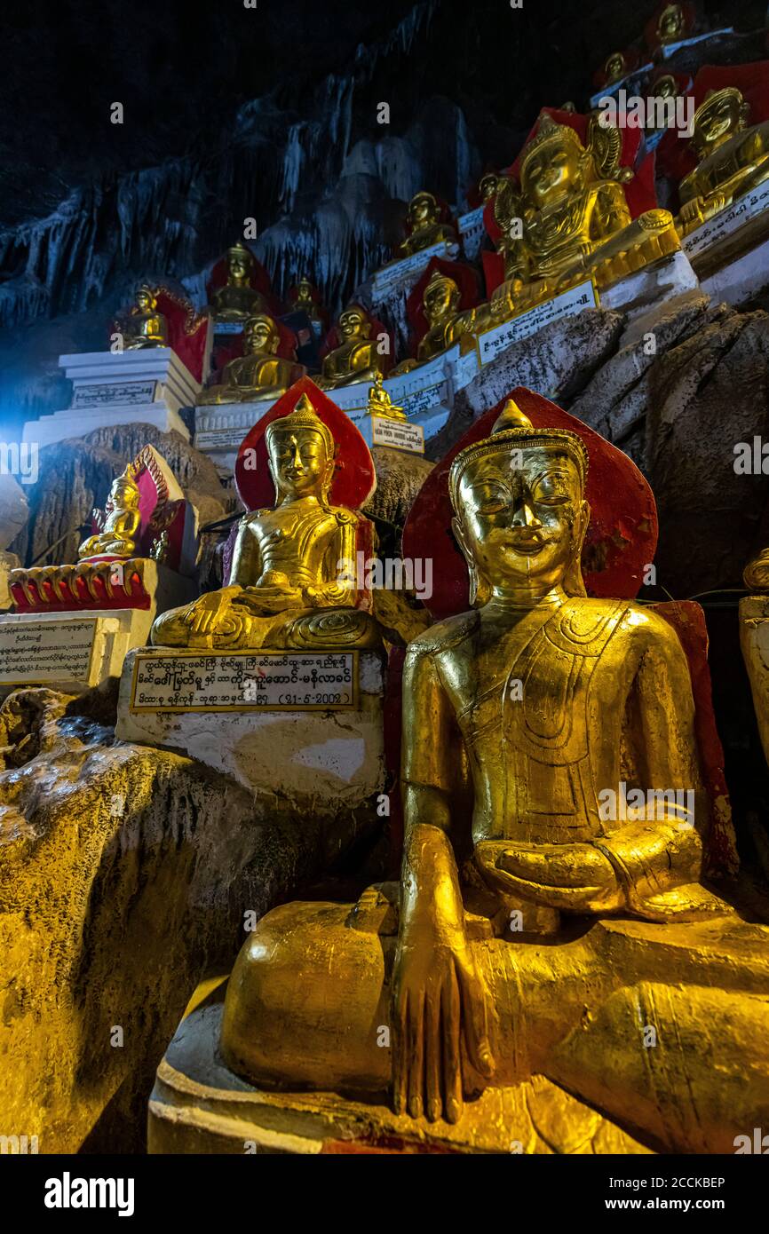 Myanmar, Shan State, Pindaya, Golden Buddha statues inside Pindaya ...