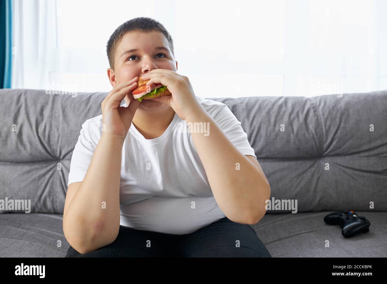 portrait of fat boy eating sandwich and watching tv at home. in living ...