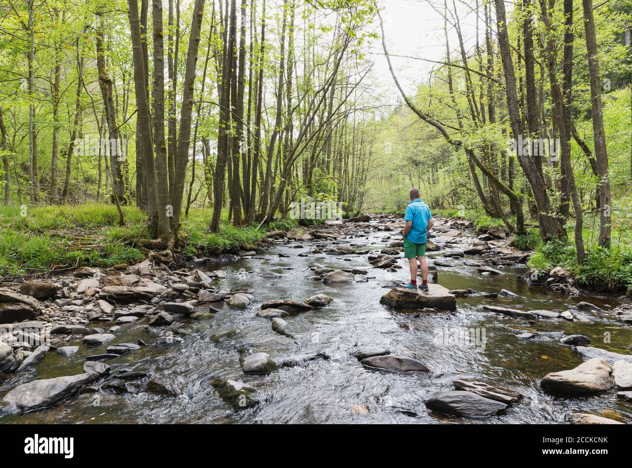 Senior man standing on rock in middle of Rur river flowing through High ...