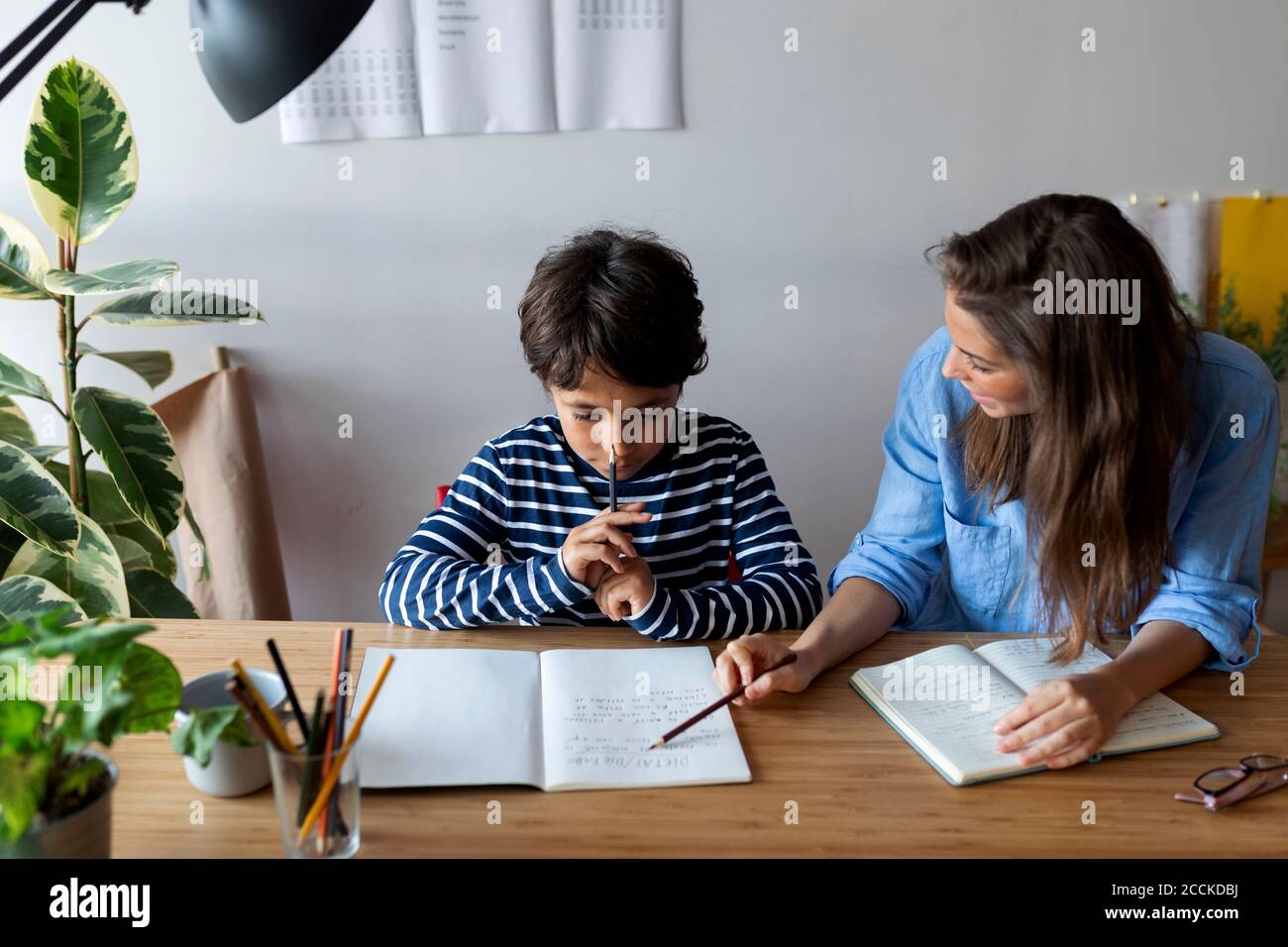 Female tutor explaining to boy through book on table at home Stock ...