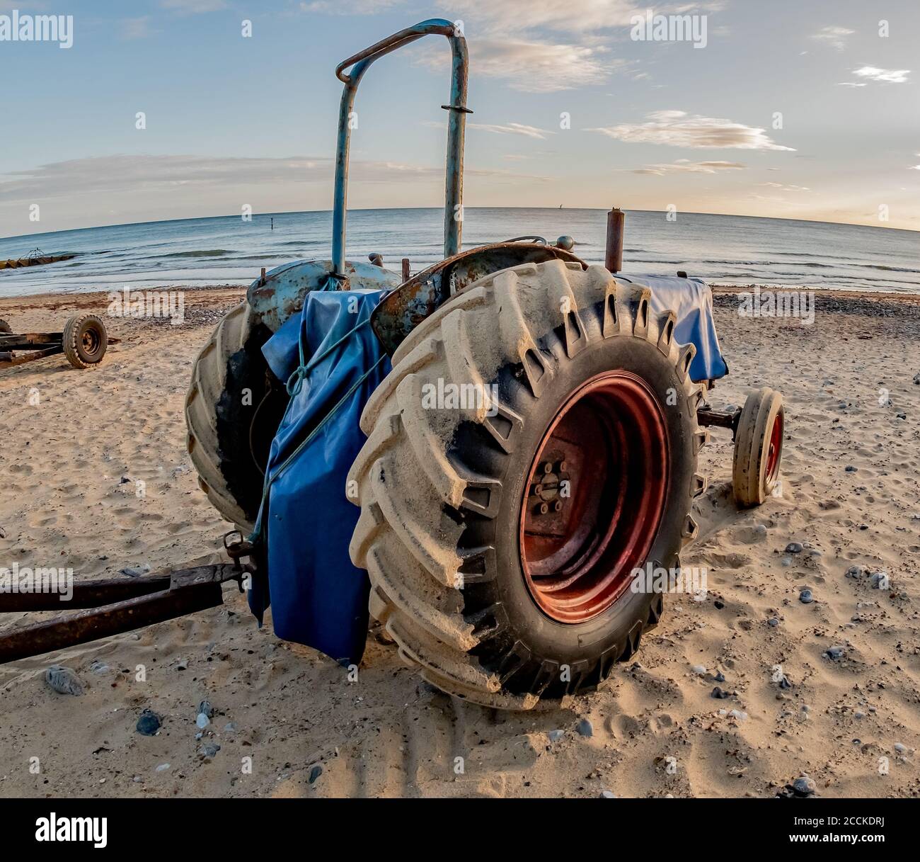 Close up fisheye view of an agricultural tractor, used to take crab ...