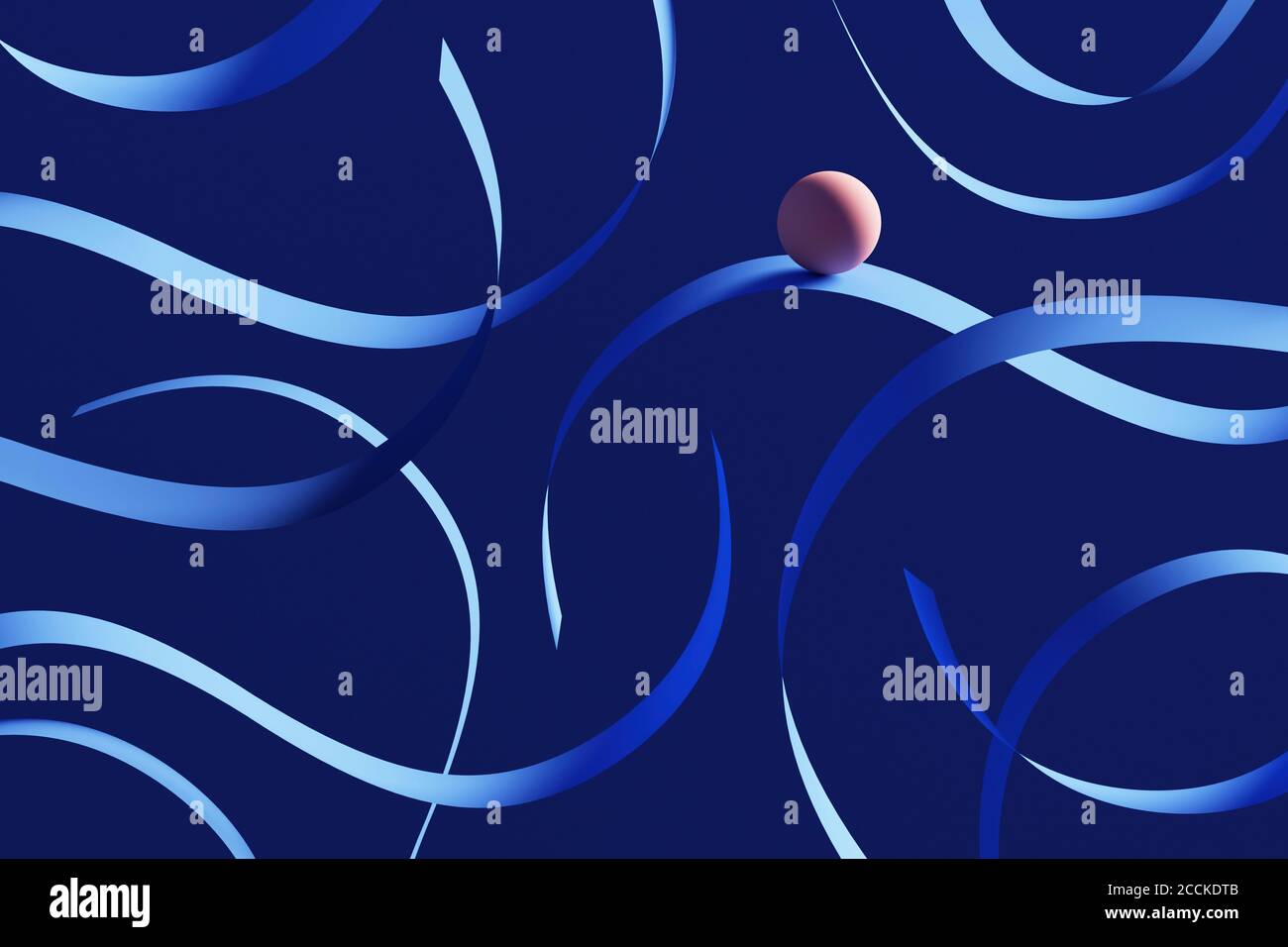 Three dimensional render of orange sphere rolling down blue ribbons ...