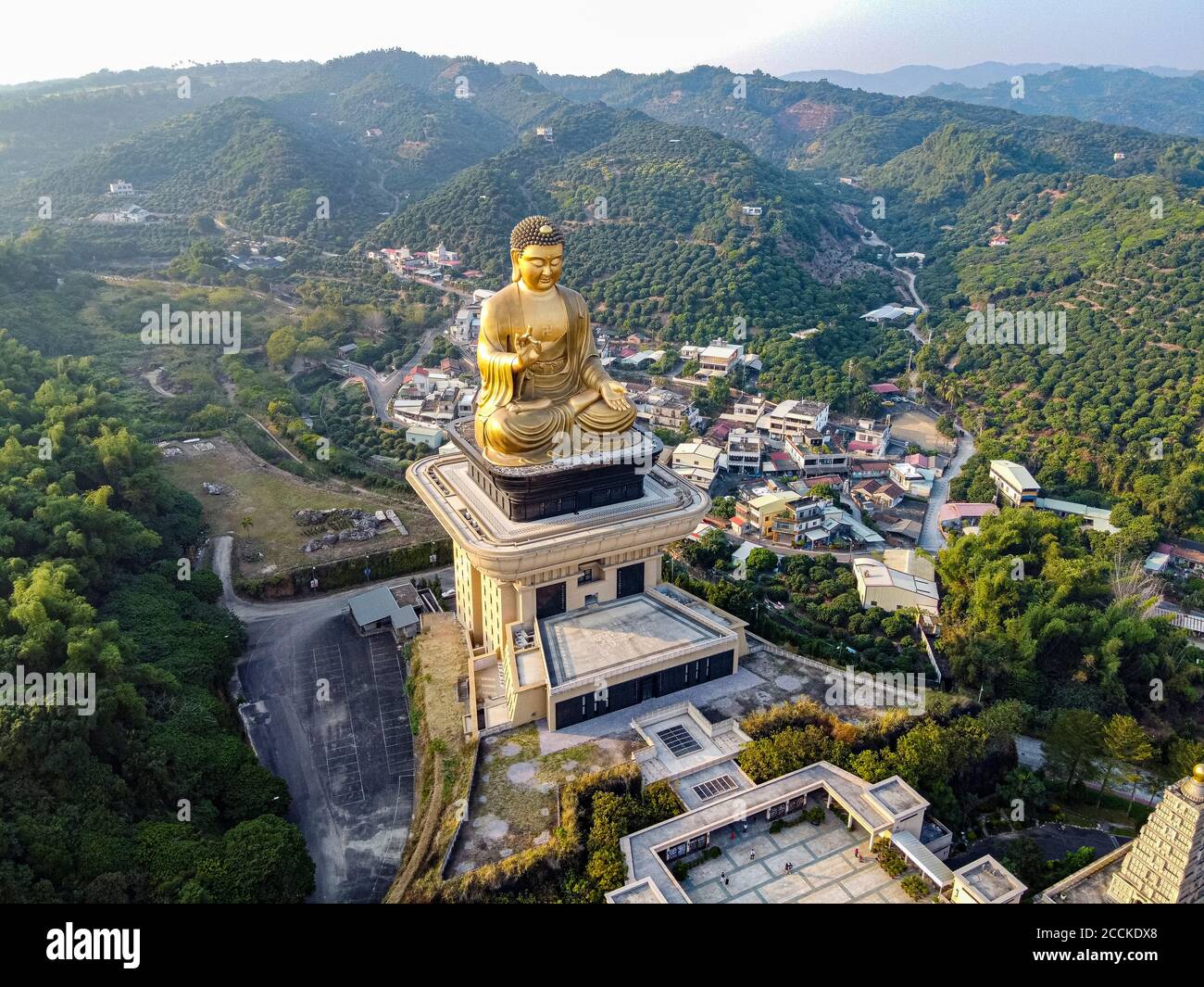 Taiwan, Dashu District, Kaohsiung, Aerial view of golden Buddha statue ...
