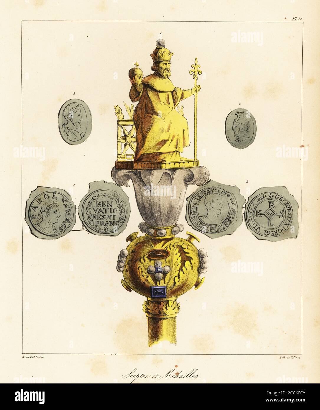 Sceptre and coins of Emperor Charlemagne, 748-814. The gold sceptre is ...