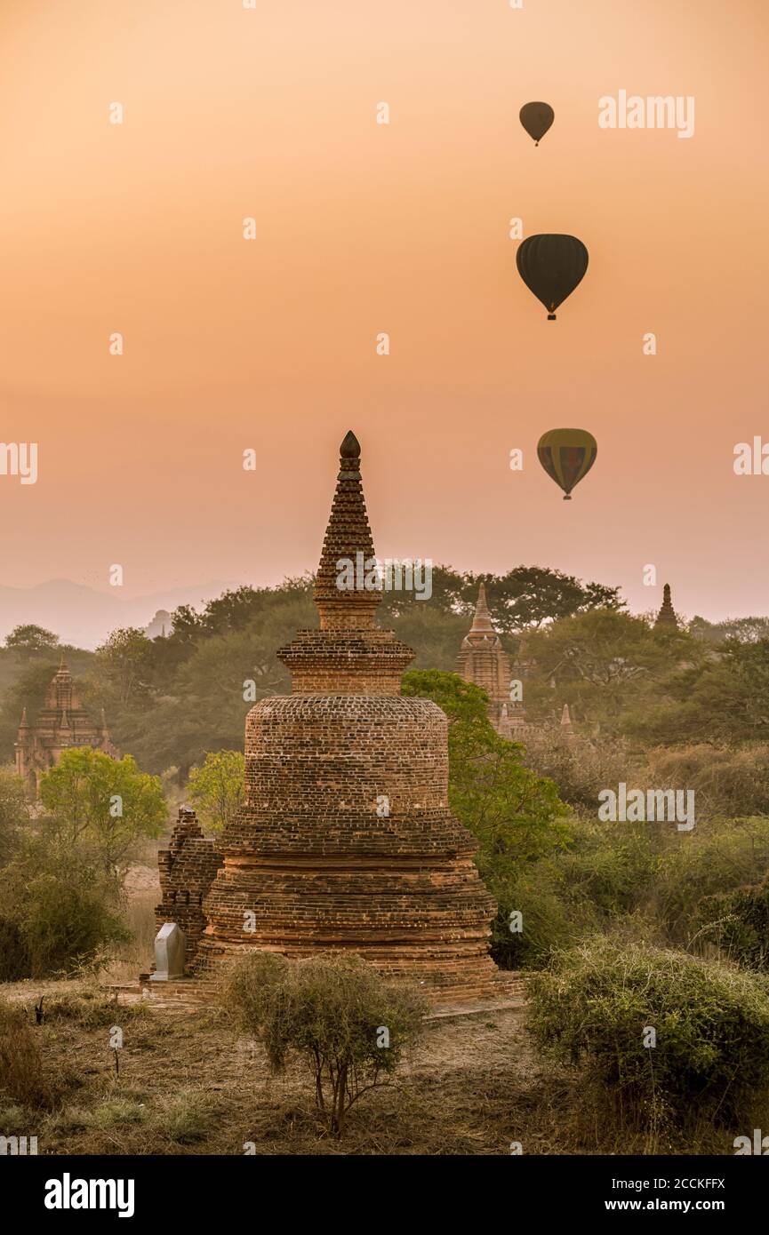 Myanmar, Mandalay Region, Bagan, Hot air balloons flying over ancient ...