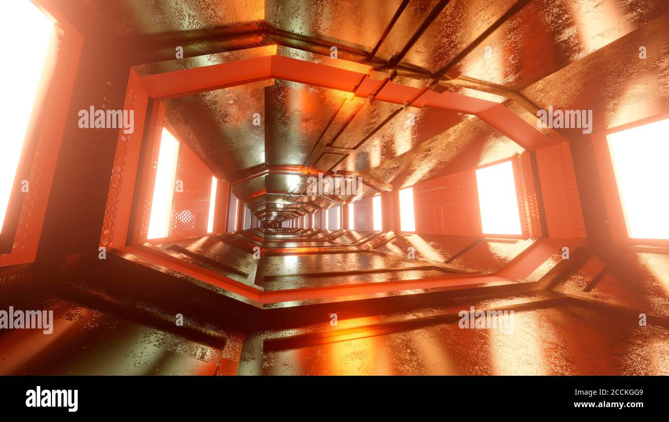 Three dimensional render of futuristic corridor inside spaceship or ...