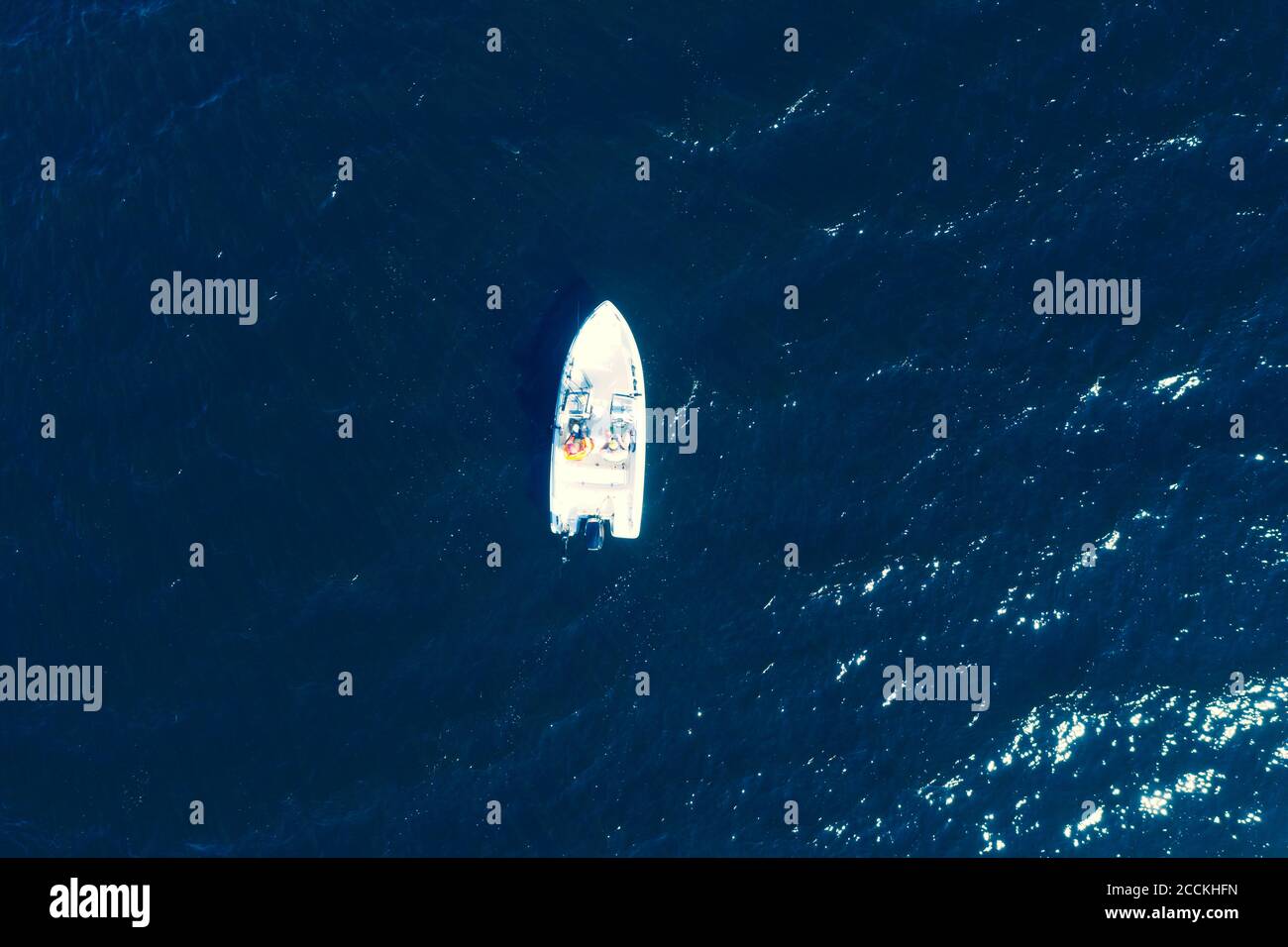 Aerial view fisherman on boat at the ocean. Top view beautiful seascape ...