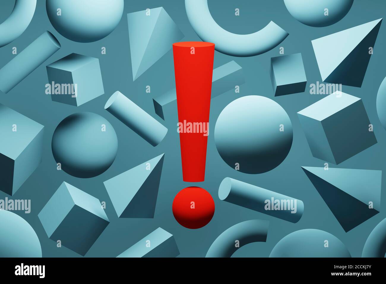 Three dimensional render of exclamation point surrounded by geometric ...