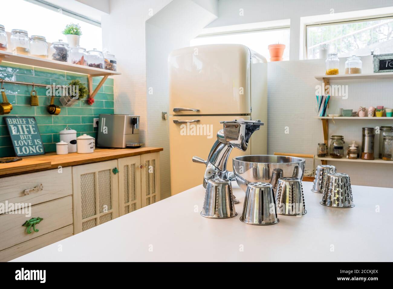 Food processor on kitchen island in cooking class Stock Photo - Alamy