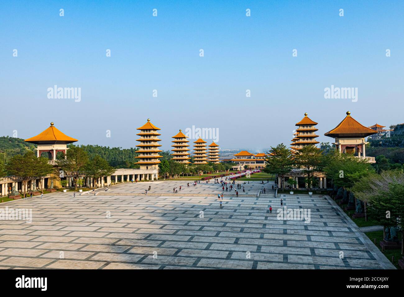 Taiwan, Dashu District, Kaohsiung, Clear sky over pagodas in garden of ...