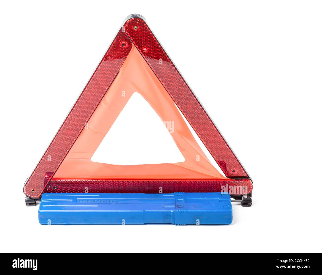 Warning stop sign made of red reflective plastic with a blue case on a ...