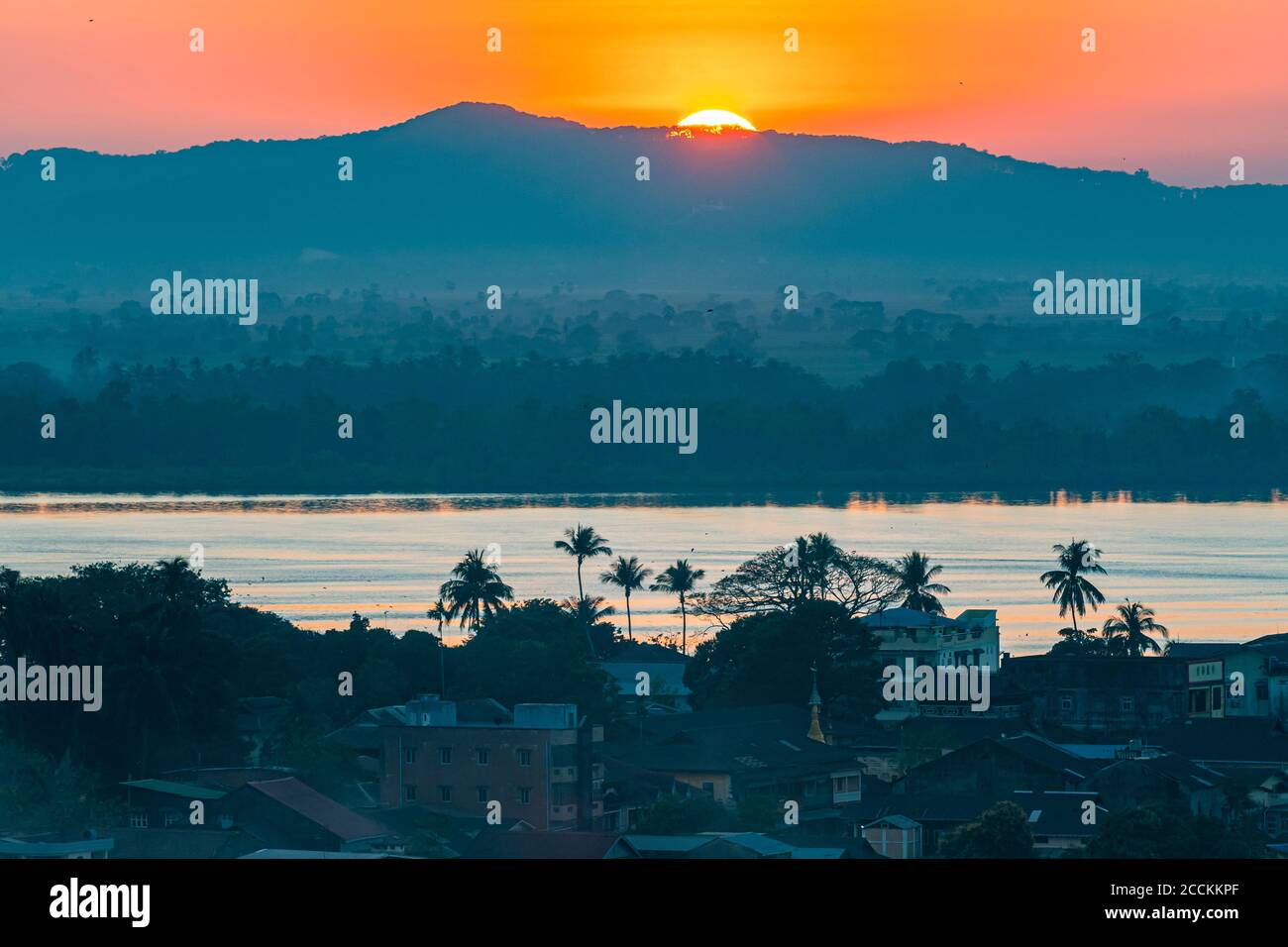 Myanmar, Mon State, Mawlamyine, City houses along bank of Thanlwin ...