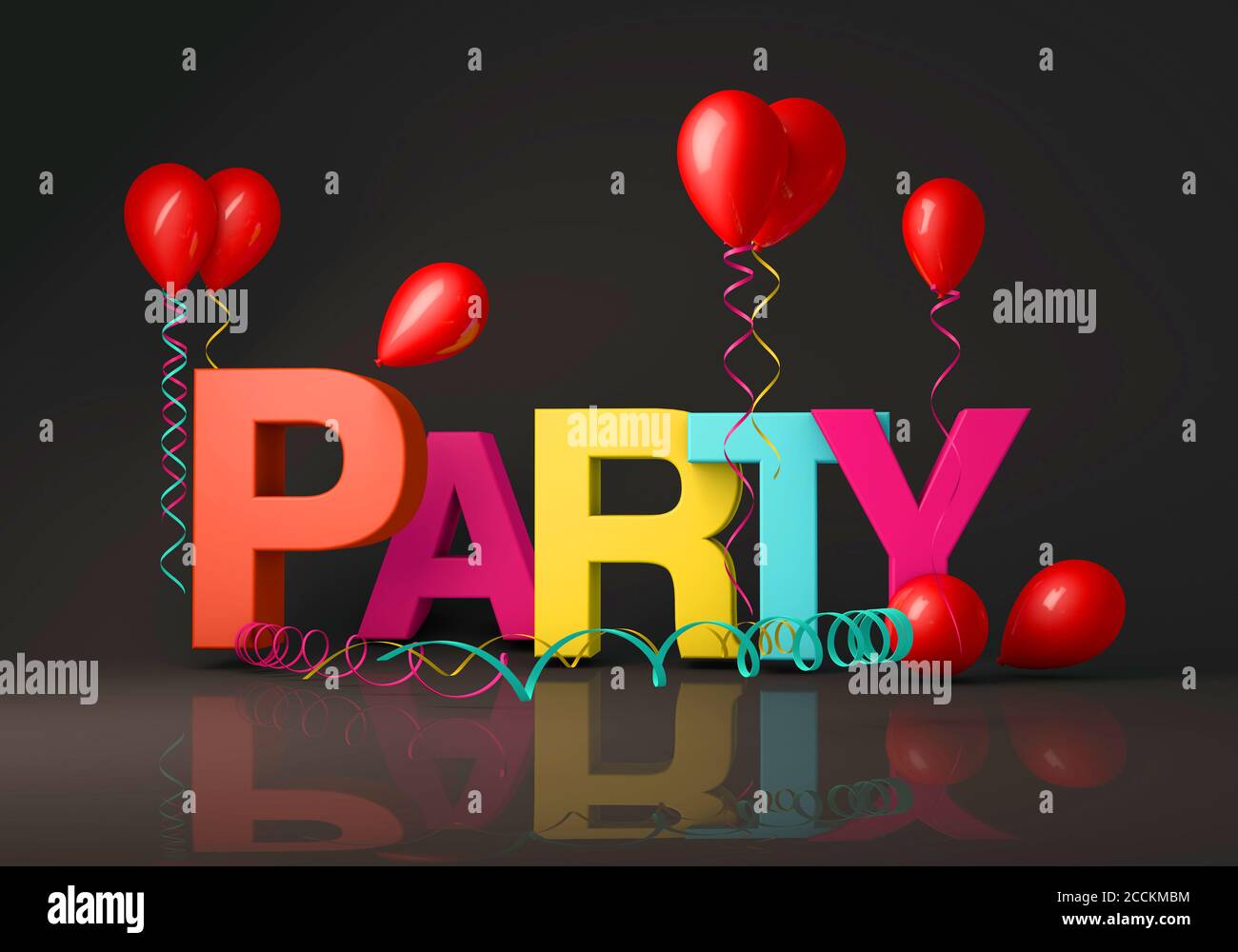 3d illustration render of the word party in a bold font on a black ...