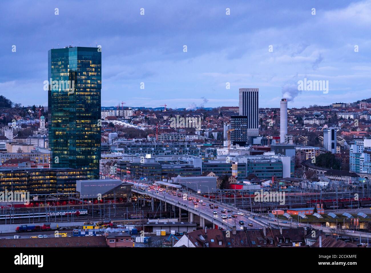 Switzerland, Zurich, Cityscape with Prime Tower and Hard Bridge at dusk ...