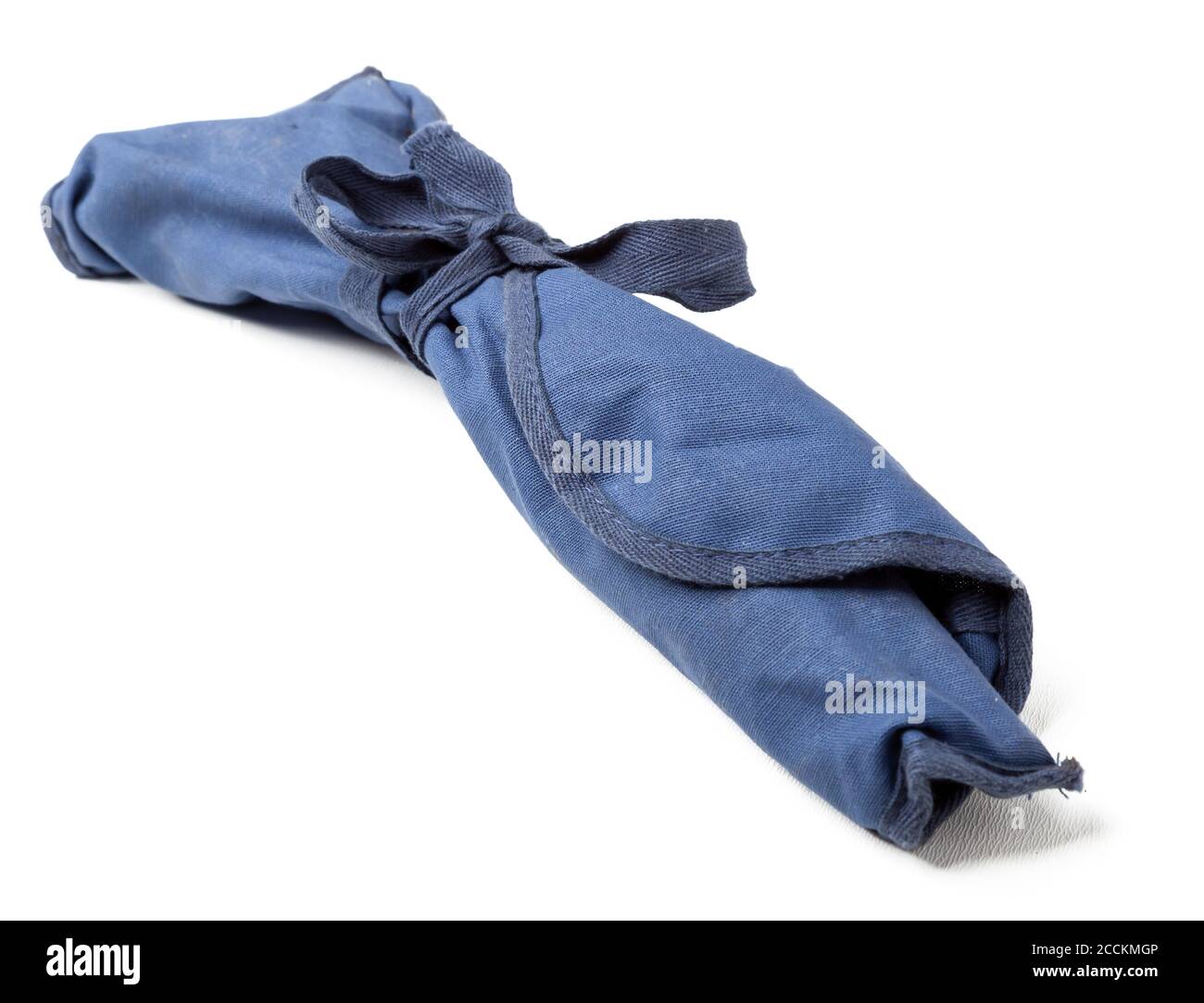 Blue rag pouch with knotted knot and surprise inside on white isolated ...