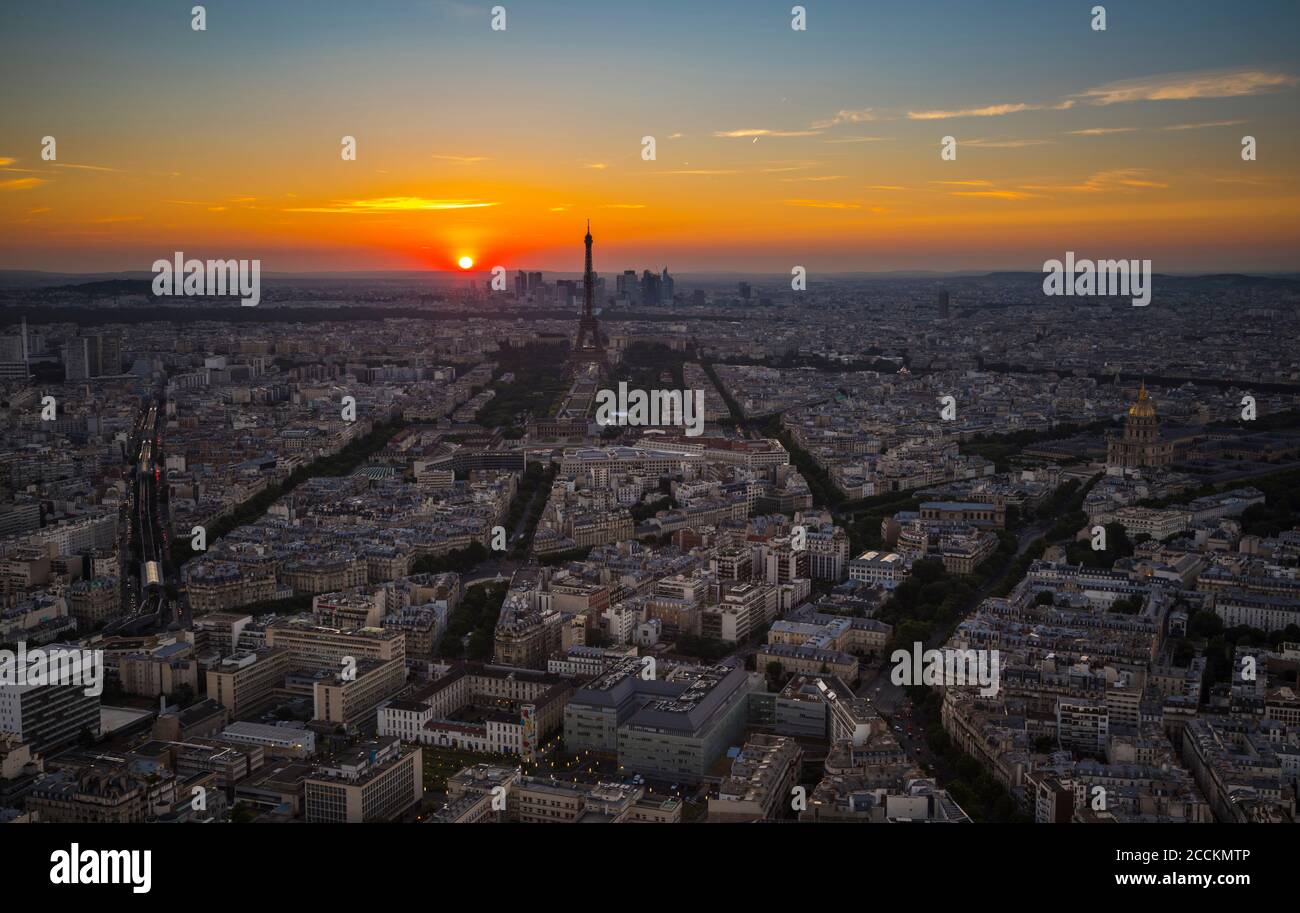 Aerial view of Eiffel Tower in Paris, France during sunset Stock Photo ...