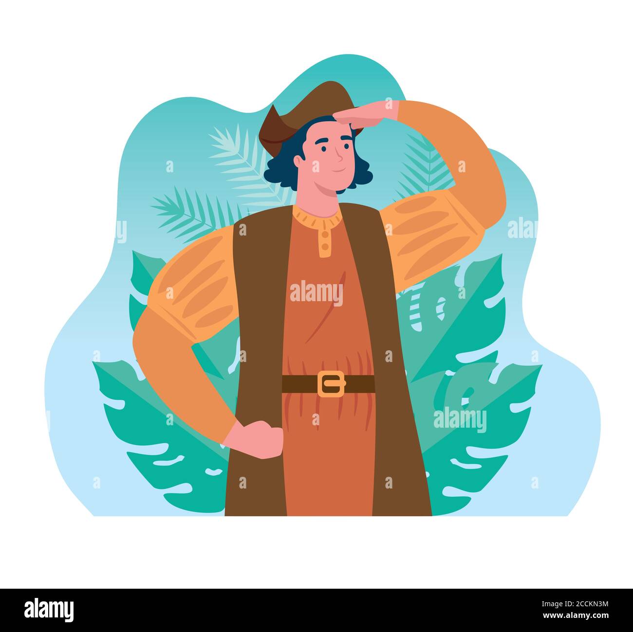christopher columbus watching in scene tropical leaves Stock Vector ...