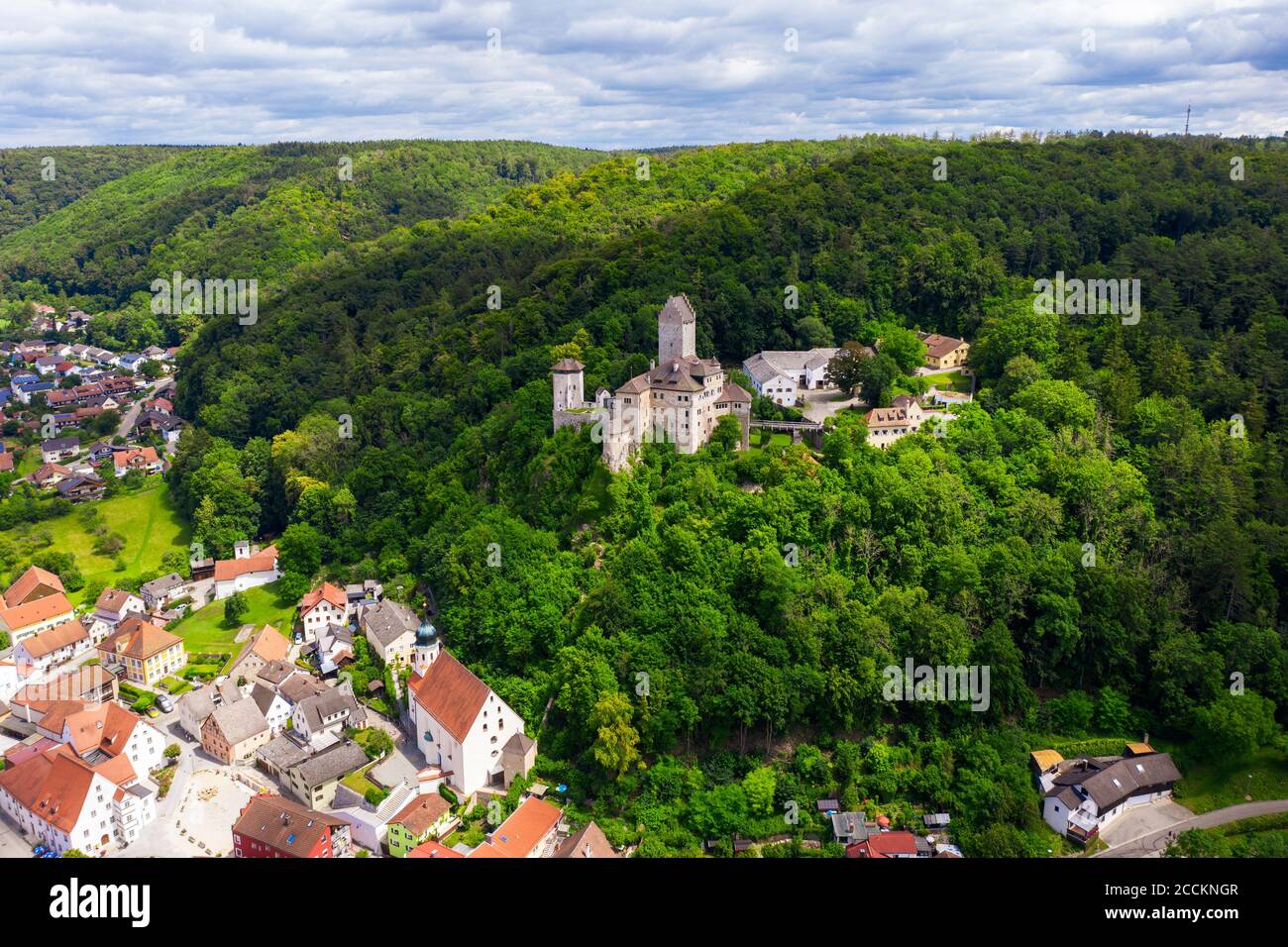 Germany, Bavaria, Kipfenberg, Drone view of Kipfenberg Castle in spring ...