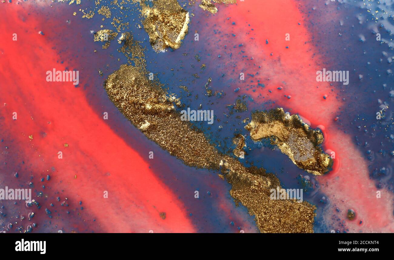 Piles of gold sequins on pink smudges of paint. Abstract pattern Stock ...