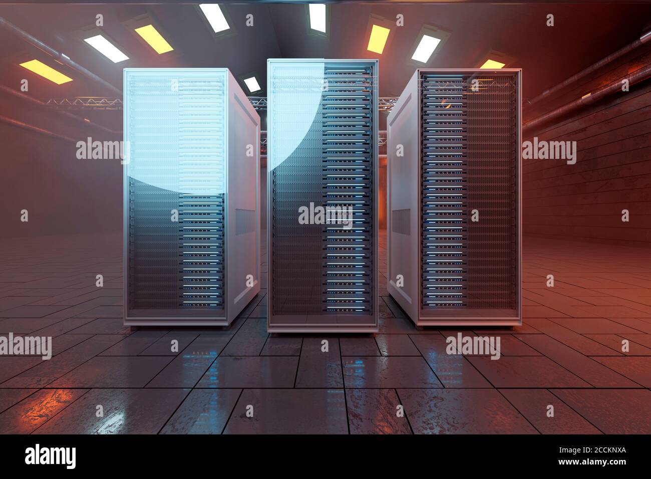 Three dimensional render of illuminated server room Stock Photo - Alamy