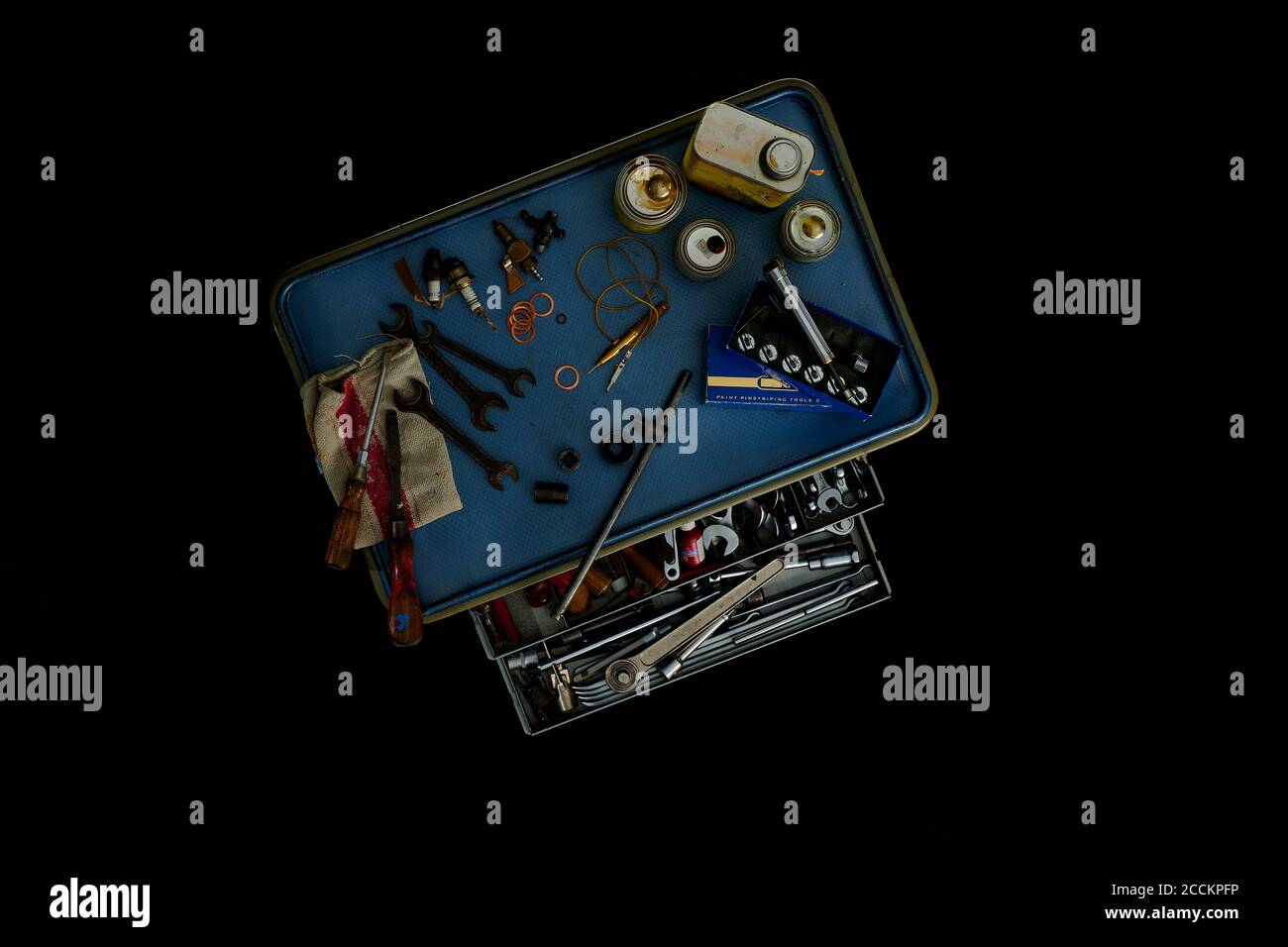 Top view of tool box with black background Stock Photo - Alamy
