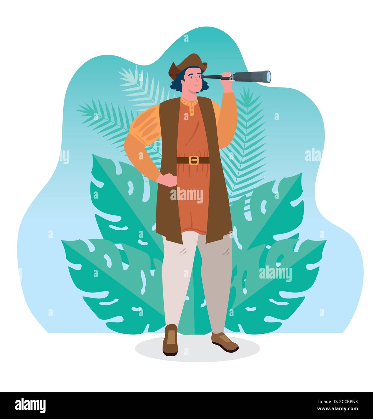 christopher columbus watching in scene tropical leaves Stock Vector ...