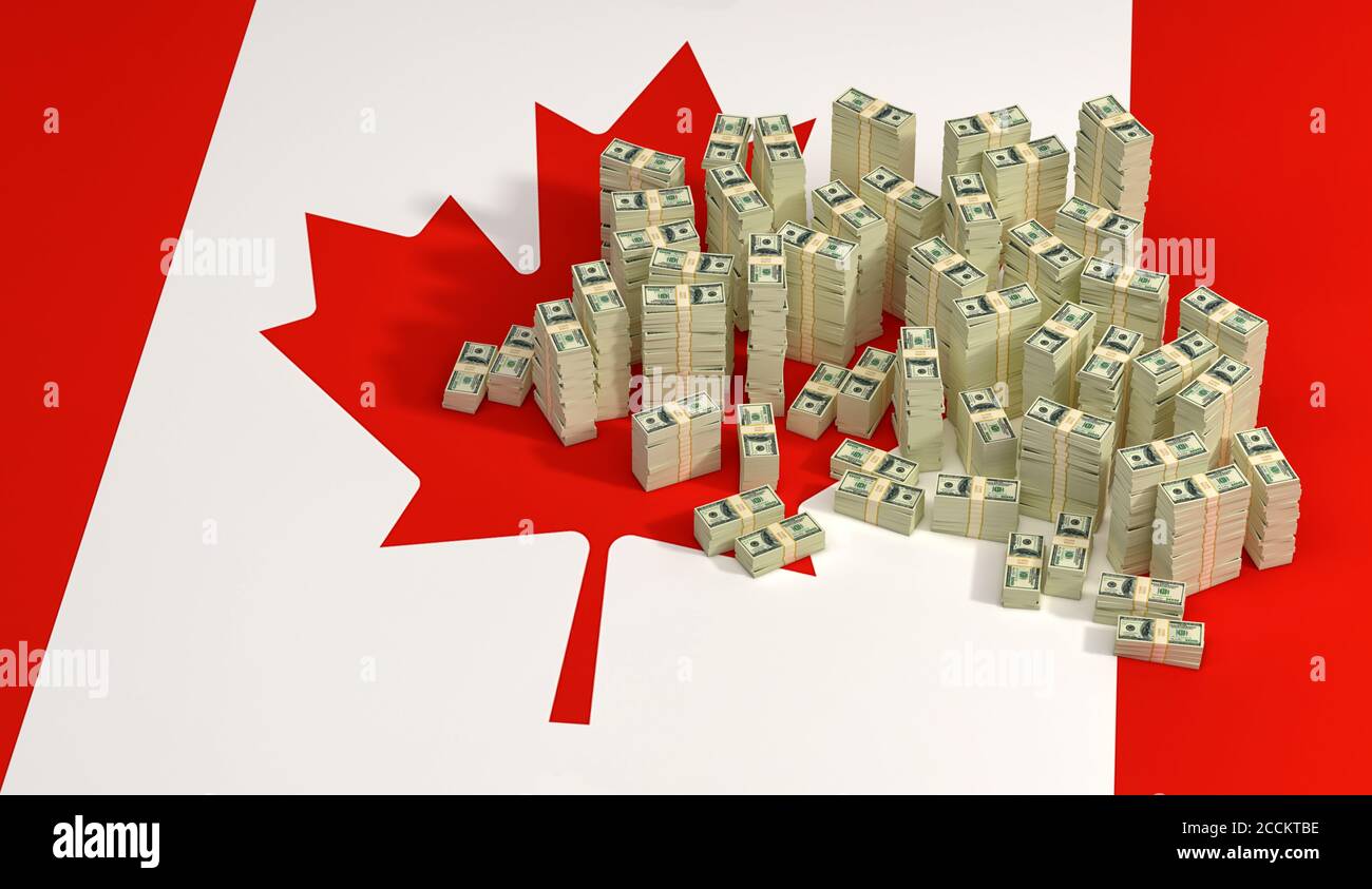 Stacks of 100 Dollar banknotes on Canada national flag. 3D Rendering ...