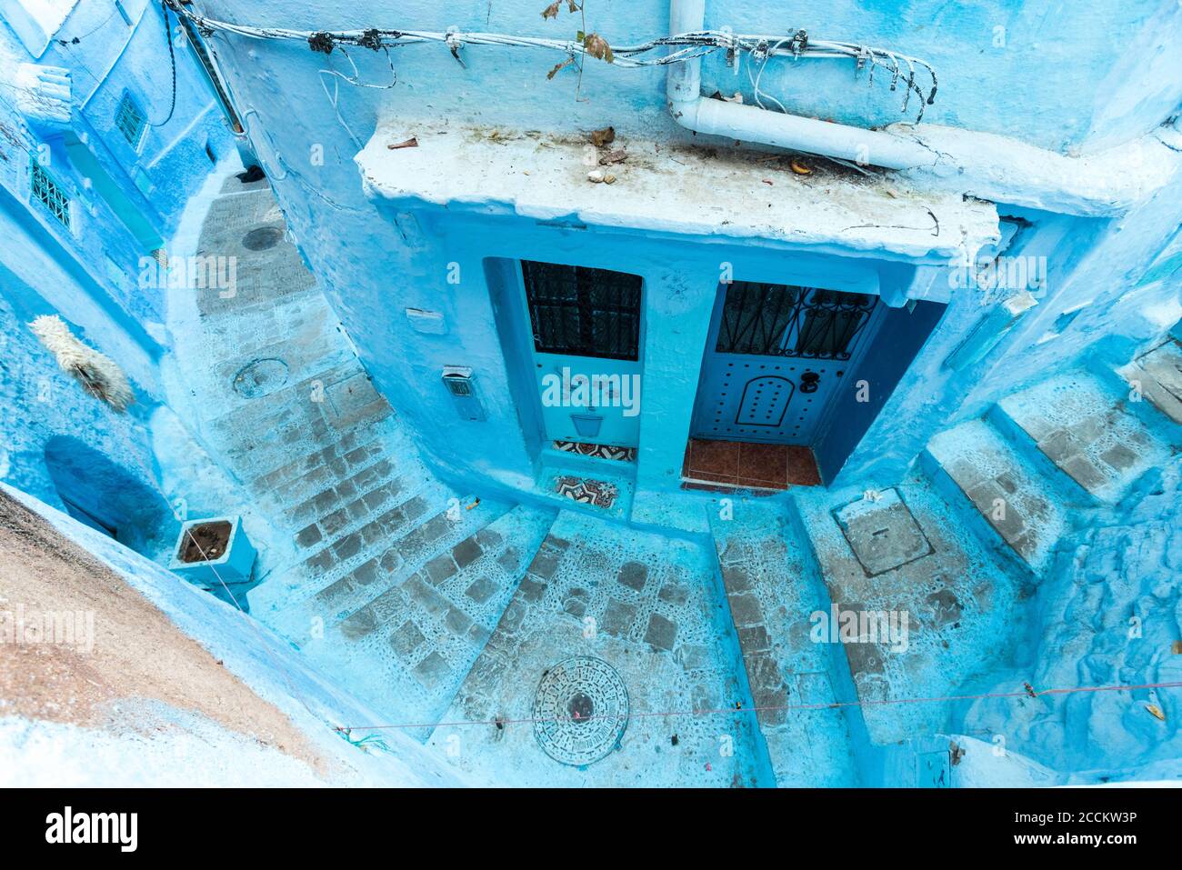 Exterior of blue residential buildings painted in Chefchaouen, Morocco ...