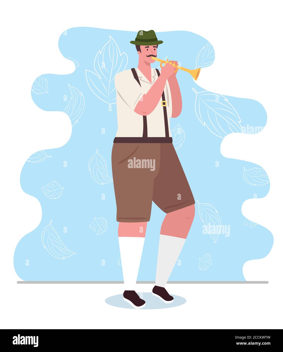 man german in national dress with trumpet, male in traditional bavarian ...