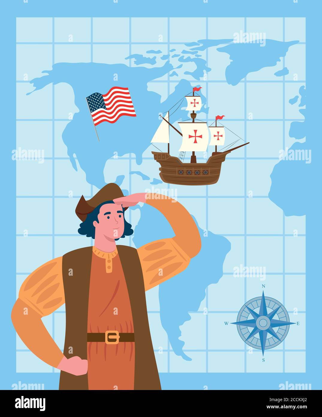 happy columbus day, with christopher columbus, carabela, flag usa ...