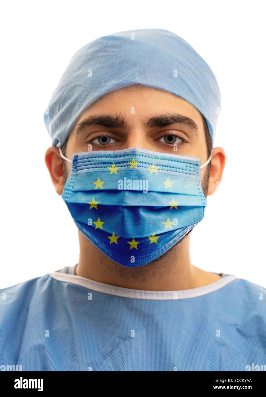 EU health care, Doctor wearing a European Union flag protective face ...