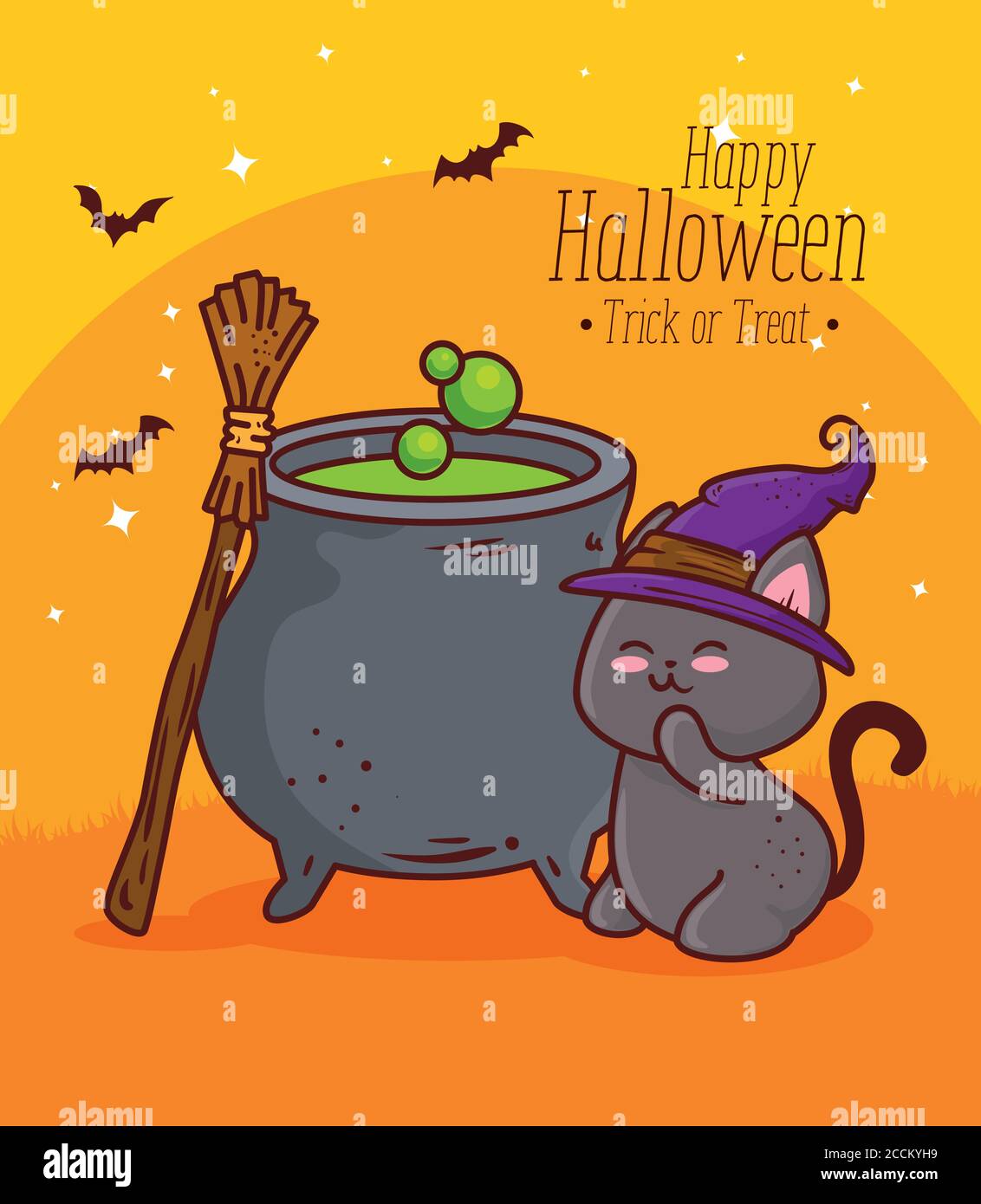 happy halloween, cute cat with cauldron and hat witch Stock Vector ...