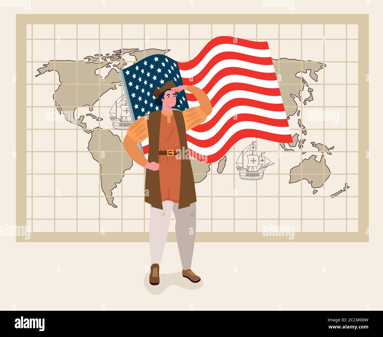 happy columbus day, with christopher columbus, flag usa and world map ...