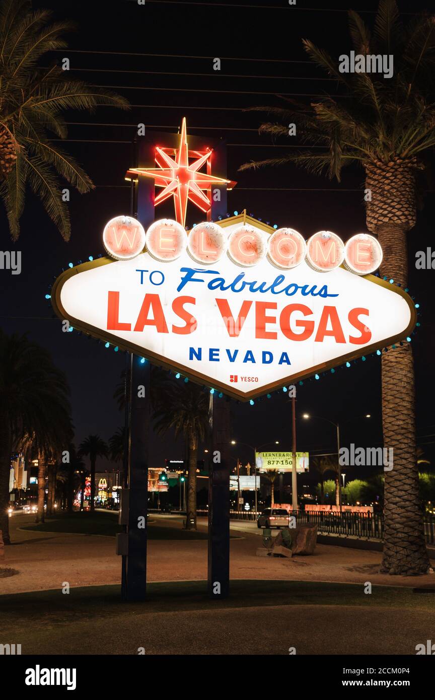 LAS VEGAS, UNITED STATES - Jul 10, 2020: A vertical night shot of a ...