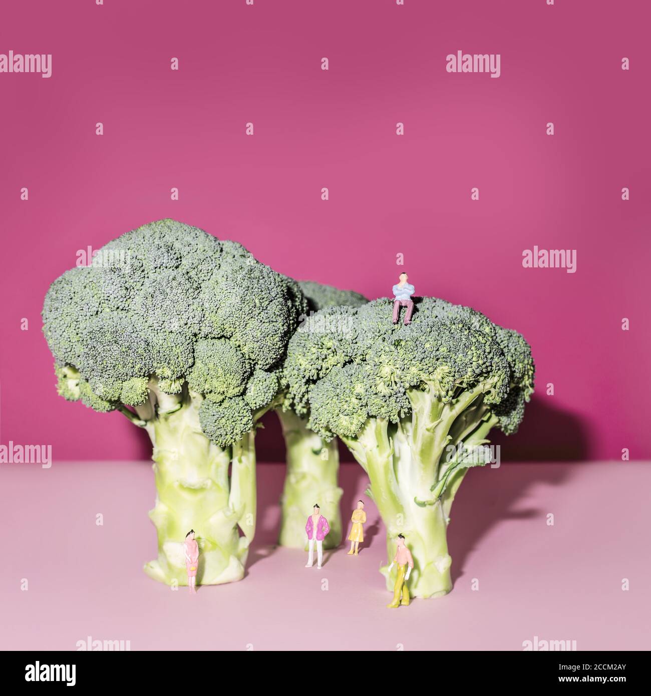 Figurines standing next to broccolis and one sitting on the broccoli ...