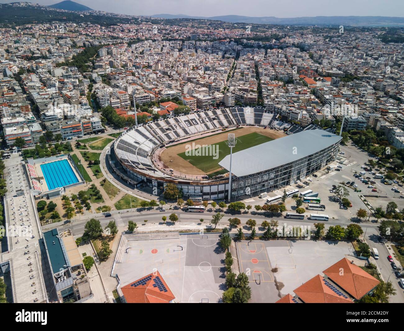 Thessaloniki, Greece landscape drone shot of PAOK FC Toumba stadium ...