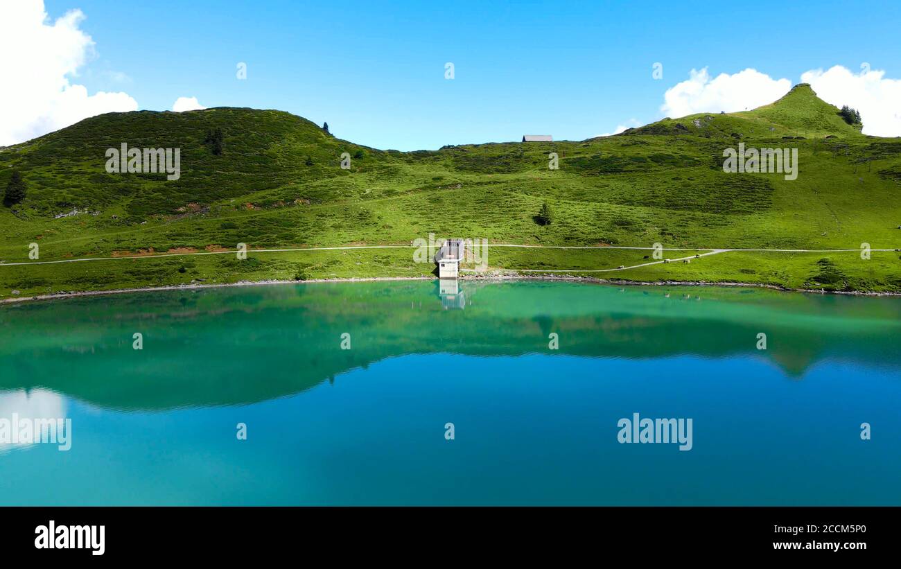 The beautiful mountain lake in the Swiss Alps - aerial view on Mount ...