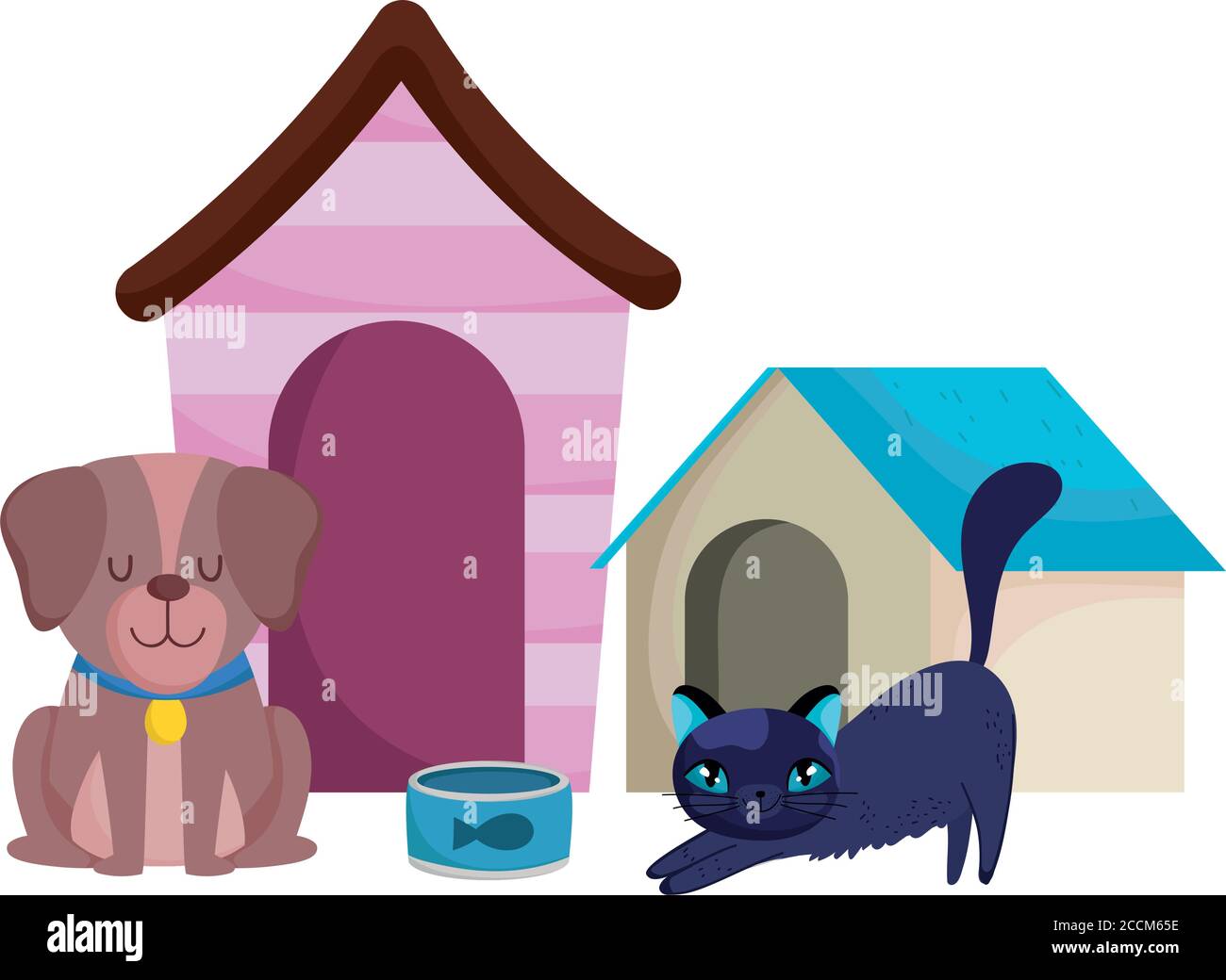 pet shop, brown dog and cat with houses and food animals domestic ...